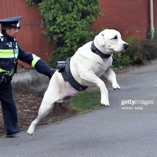 a dog wearing a policeman uniform, chasing a robber | Stable Diffusion