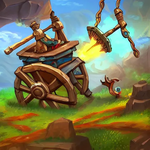 a sling catapult, rocks flying, cart wheels, fantasy | Stable Diffusion ...