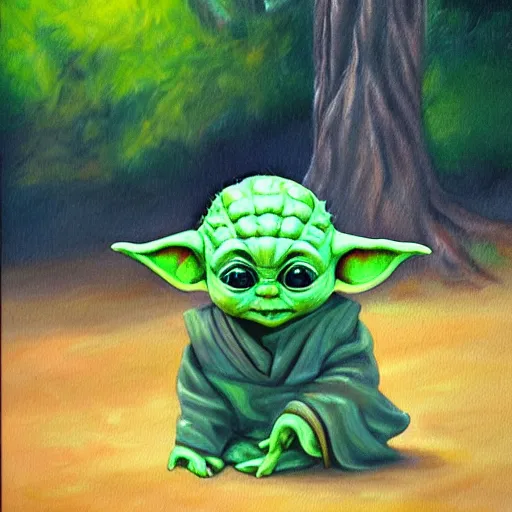painting of a cute baby yoda in the woods hiding | Stable Diffusion ...