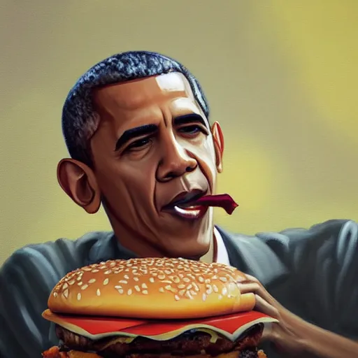 A painting of Obama eating a big mac hamburger | Stable Diffusion