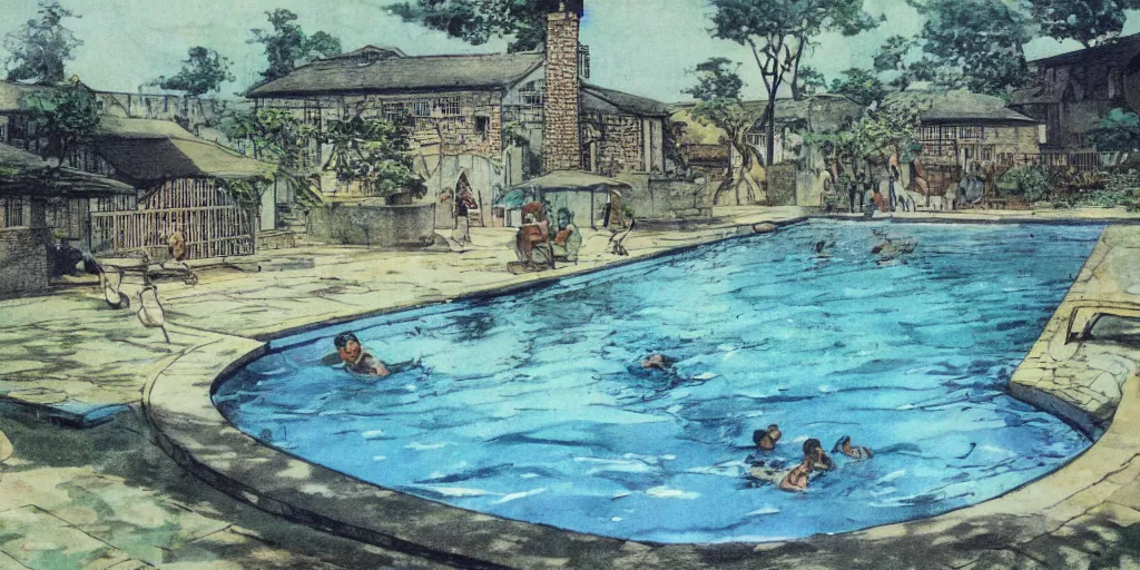 swimming pool on the yard with woodhouse, by hiroshi | Stable Diffusion ...