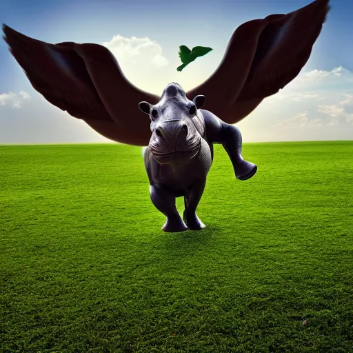 a hippopotamus with angel wings flying over a green | Stable Diffusion ...
