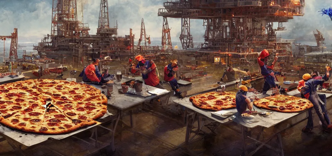 grandiosa pizza devoured by workers on an oil rig, 80s | Stable Diffusion