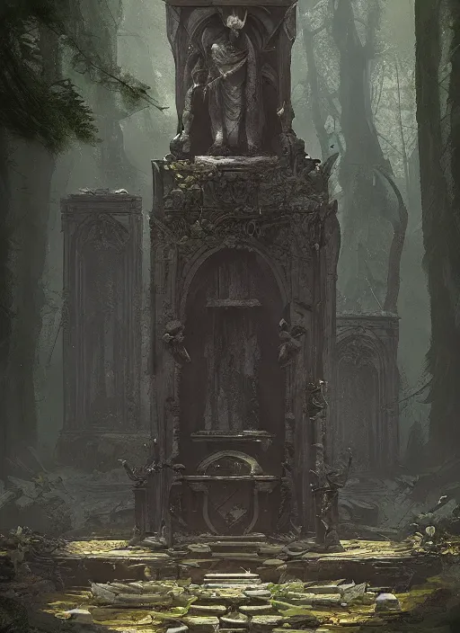 photo of dark altar in the woods, candles, ruined | Stable Diffusion