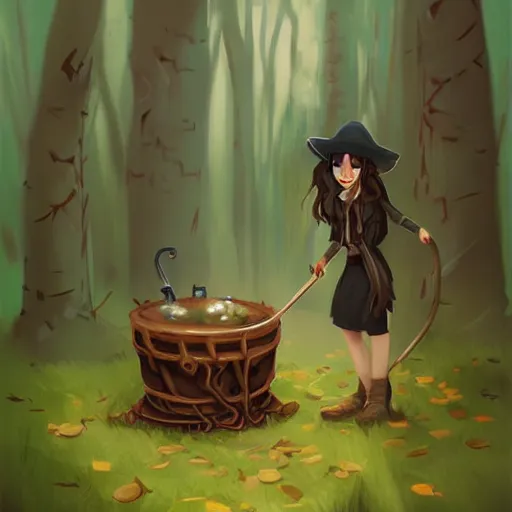 cute forest witch stirring a cauldron, 2d, art | Stable Diffusion | OpenArt