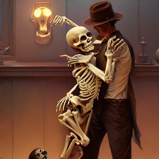 skeletons wearing old rags dancing tango, spotlight, | Stable Diffusion