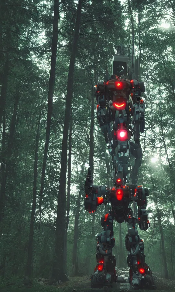 a giant robot standing in a forest at night, a glowing | Stable Diffusion