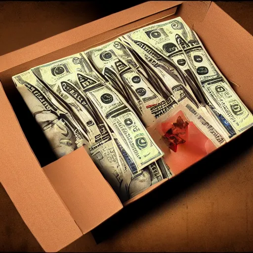money dollar stacks in cardboard box. criminal, mafia, | Stable Diffusion | OpenArt