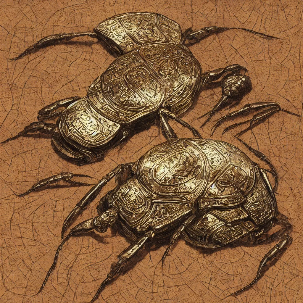 A scarab insect, made of metal, in a wooden box. top | Stable Diffusion ...