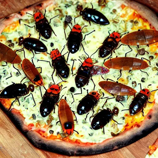 plenty of insects on a disgusting moldy pizza | Stable Diffusion