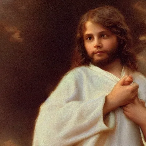 5 year old cleanshaven jesus wearing a white robe, | Stable Diffusion ...