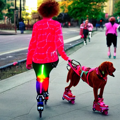curly - red - haired woman rollerblading dog walking, | Stable ...