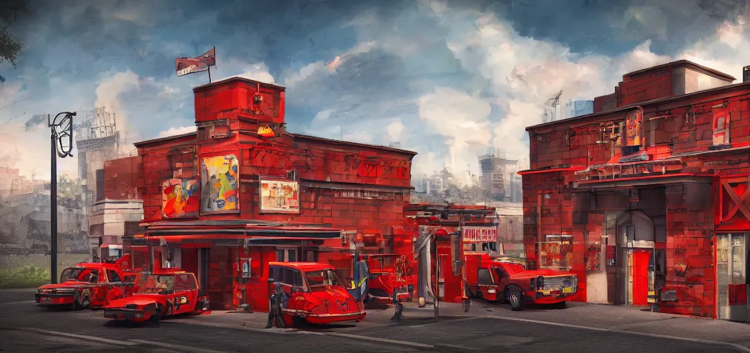 retro fire station concept art, colorful, 8 k | Stable Diffusion