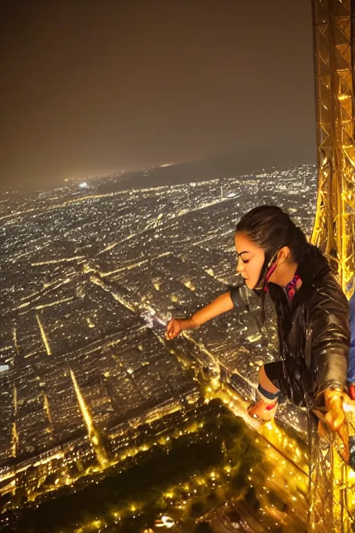 hispanic female teen climbing the Eiffel Tower in the | Stable Diffusion | OpenArt