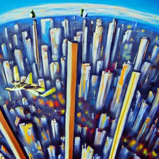 artist painting .flying in a blip. over a city | Stable Diffusion