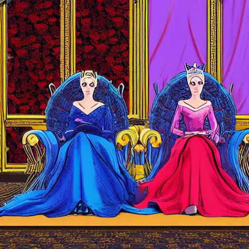 two beautiful young queens sitting in thrones across | Stable Diffusion ...