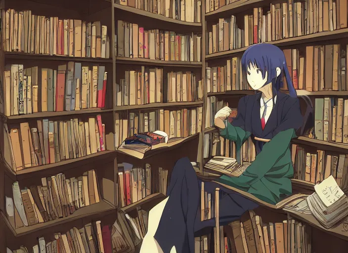 librarian sorting book in a library, anime fantasy | Stable Diffusion ...