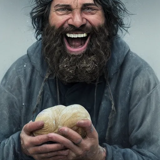 Epic portrait A happy homeless man holding loaf of | Stable Diffusion ...