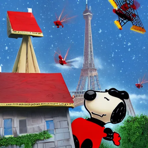 snoopy crashing his doghouse into the eiffel tower | Stable Diffusion ...