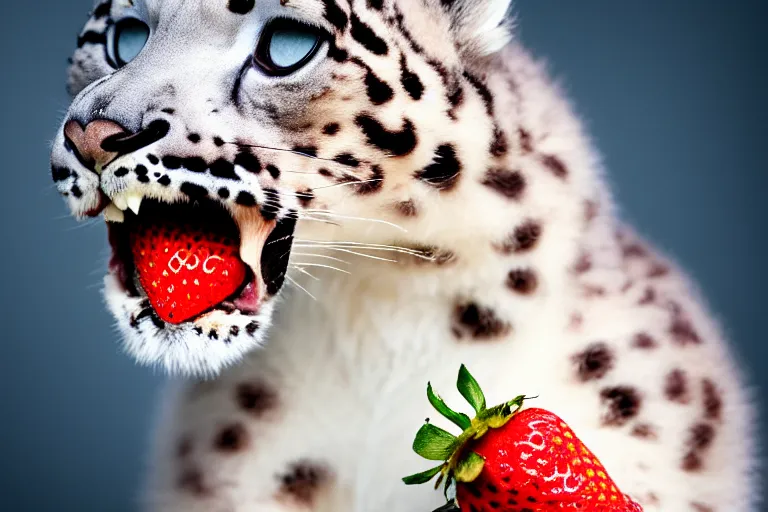 a baby snow leopard holding a strawberry by mouth, | Stable Diffusion ...