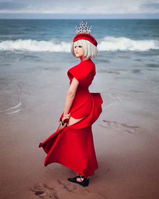 Nier Automata standing on a beach and wearing red | Stable Diffusion ...