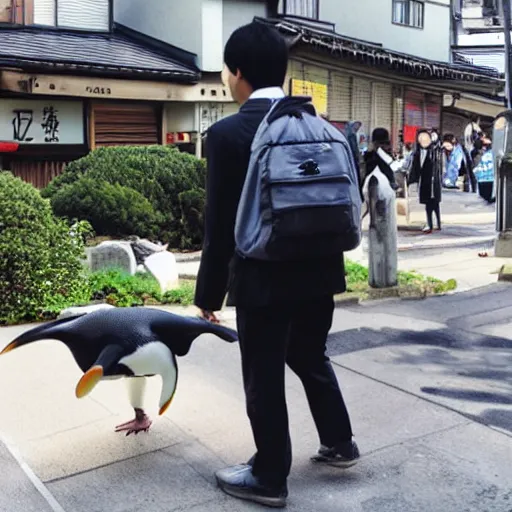 penguin wearing a messenger bag walking in a japanese | Stable ...