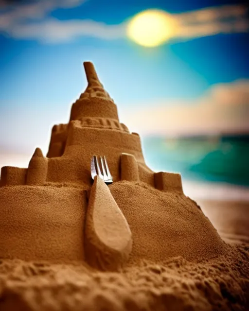a detailed sandcastle in the shape of a large fork, | Stable Diffusion | OpenArt
