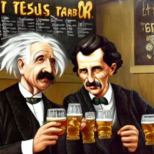 Full colour render of albert einstein and nikola tesla | Stable Diffusion