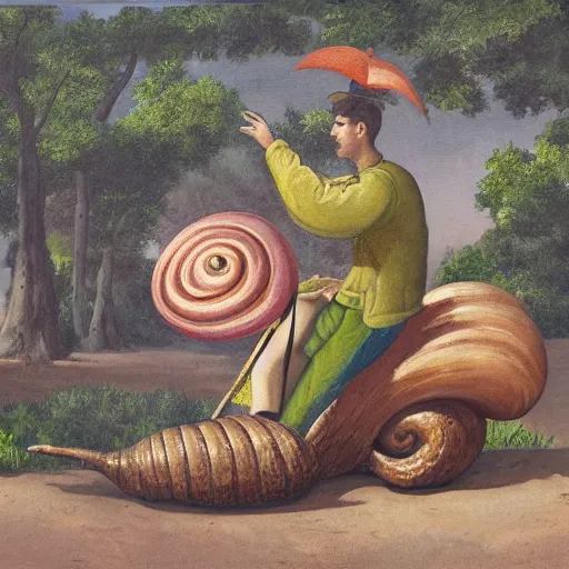 A painting of a man riding on a giant snail in a park | Stable ...