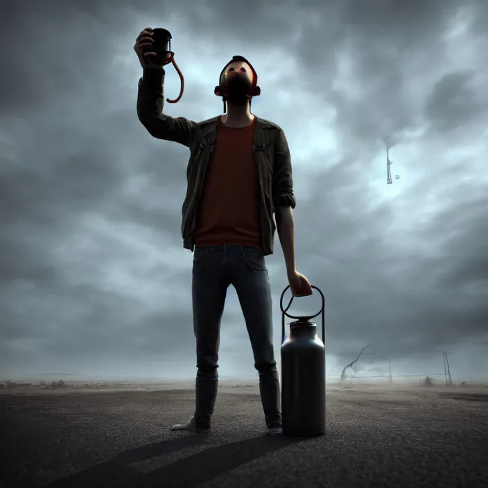 apocalyptic man drinking from gas can, octane render, | Stable Diffusion
