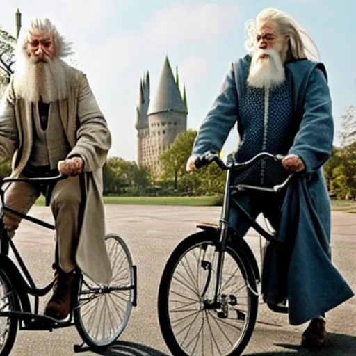 harry potter and gandalf riding a tandem bicycle | Stable Diffusion ...