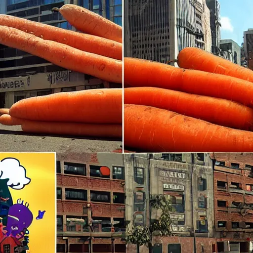 a montage of giant anthropomorphic carrots destroying | Stable Diffusion