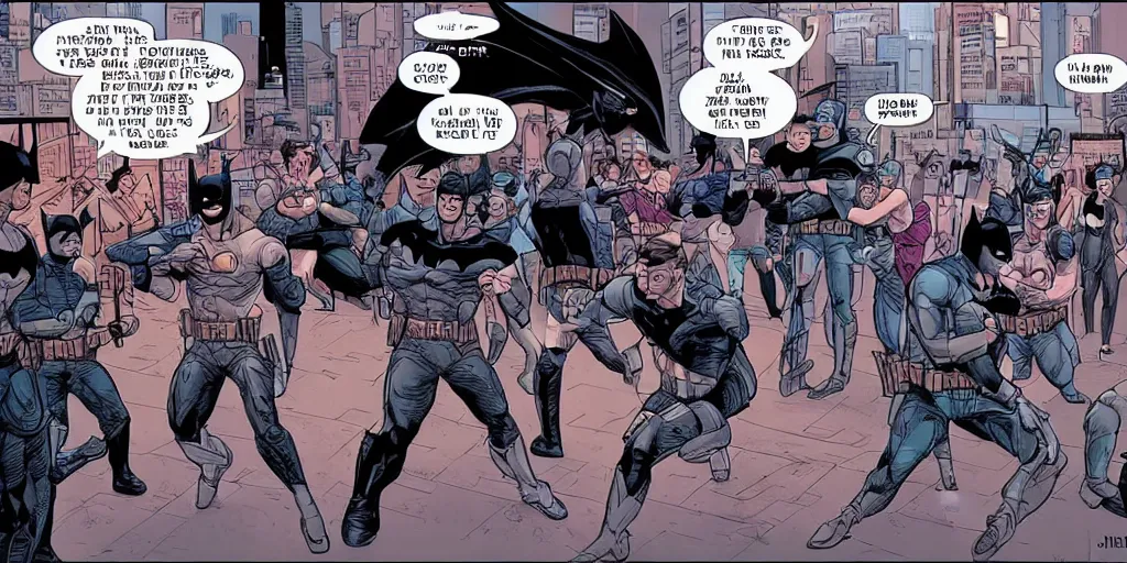 Batman teaching mall-cops ballet. Epic painting by | Stable Diffusion ...