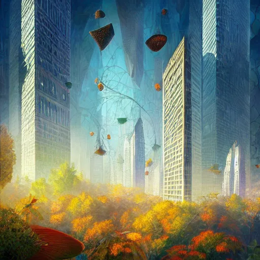 overgrown geometric mushroom skyscrapers autumn, | Stable Diffusion ...