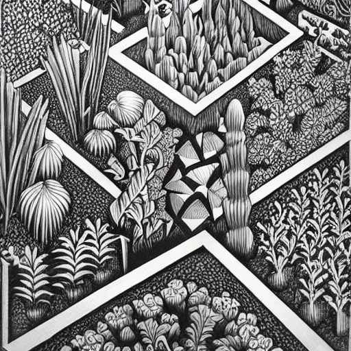 intricate garden, painting by mc escher, black and | Stable Diffusion