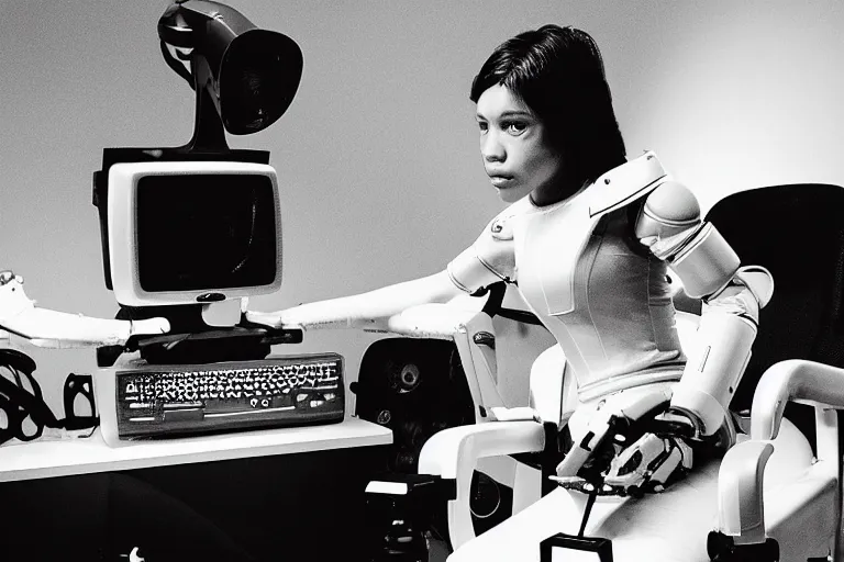 lady with a robot arm sitting in a gamer chair, from | Stable Diffusion ...