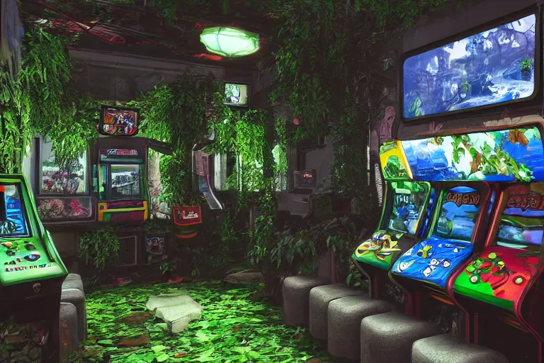 overgrown videogame arcade, ultra detailed realistic | Stable Diffusion ...