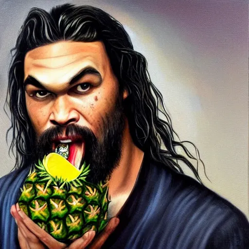 Jason Momoa eating a pineapple, lowbrow painting by | Stable Diffusion ...