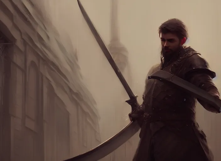 a man holding a sword in the rain, concept art by | Stable Diffusion | OpenArt