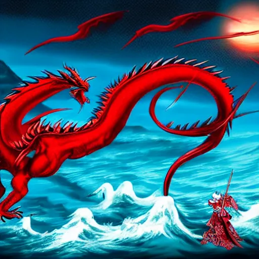 great red bloody dragon goes against samurai and a | Stable Diffusion ...