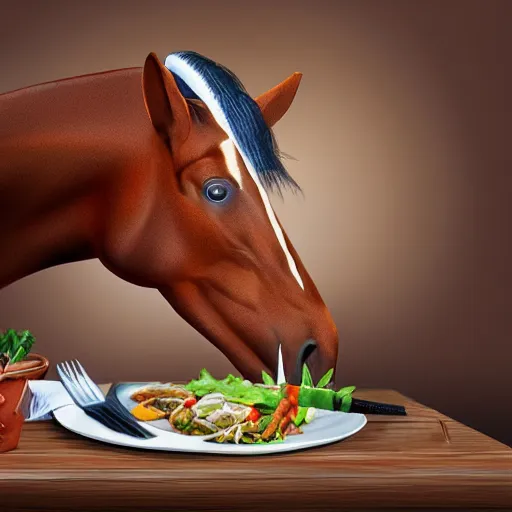 horse eating with fork and knife, photorealistic, high | Stable Diffusion | OpenArt
