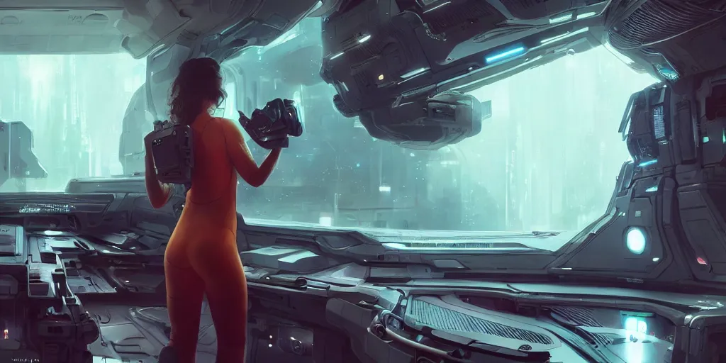 girl in the sci - fi heavy suite with monitor in | Stable Diffusion | OpenArt