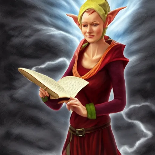 An old female elf holding a scroll, storm background, | Stable ...