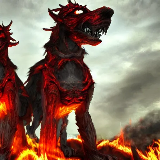 Flaming Cerberus standing at the gates of hell. High | Stable Diffusion