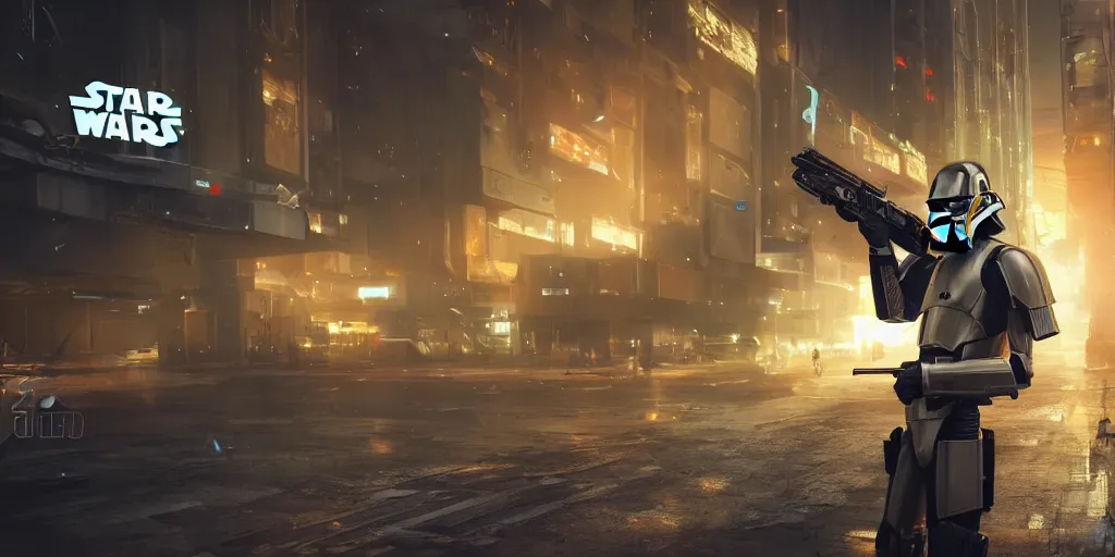 cyber soldier shooting a star wars gun in a cyberpunk | Stable ...