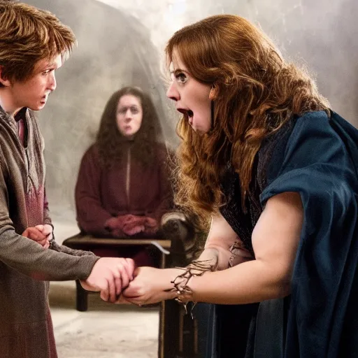 an angry hermione casting a spell at a scared ron | Stable Diffusion ...