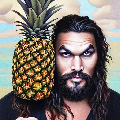 Jason Momoa eating a pineapple, lowbrow painting by | Stable Diffusion ...