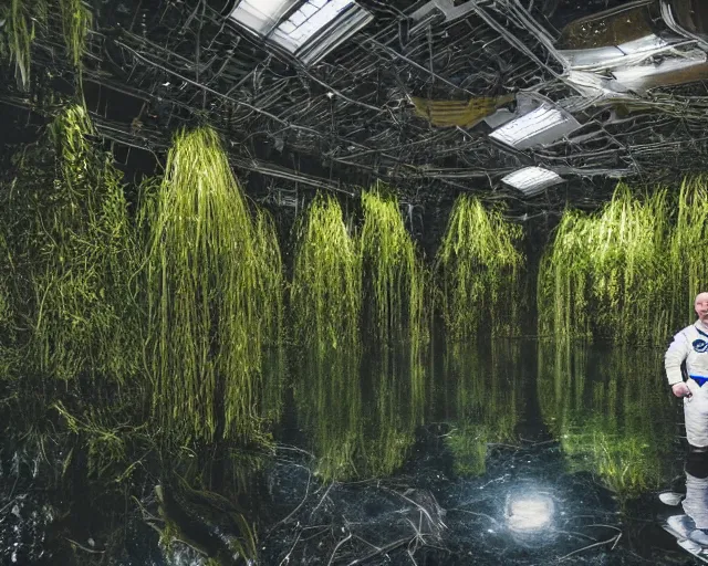 An astronaut alone inside an empty dark flooded | Stable Diffusion