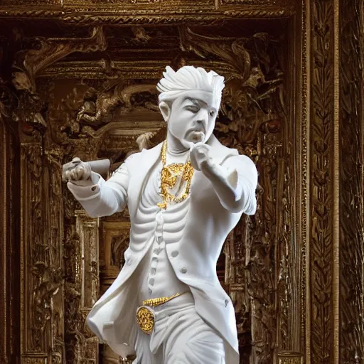 statue of ice t rap hero, carved white marble, inlaid | Stable Diffusion