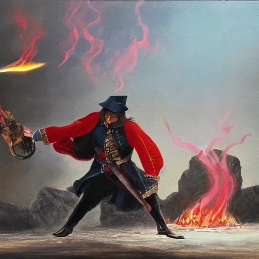 an old wizard casts a fireball at a British redcoat | Stable Diffusion